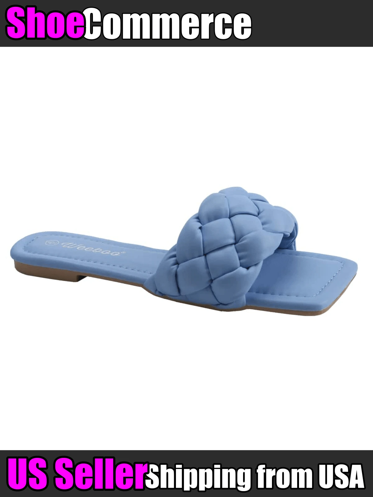 ILLUDE Women's Square Open Toe Slides Braided Woven Single Band Slip On ...