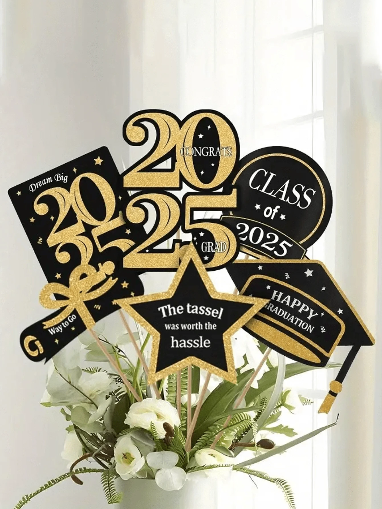 6 Pack Graduation Decorations Class Of 2025 - Black And Gold Graduation ...