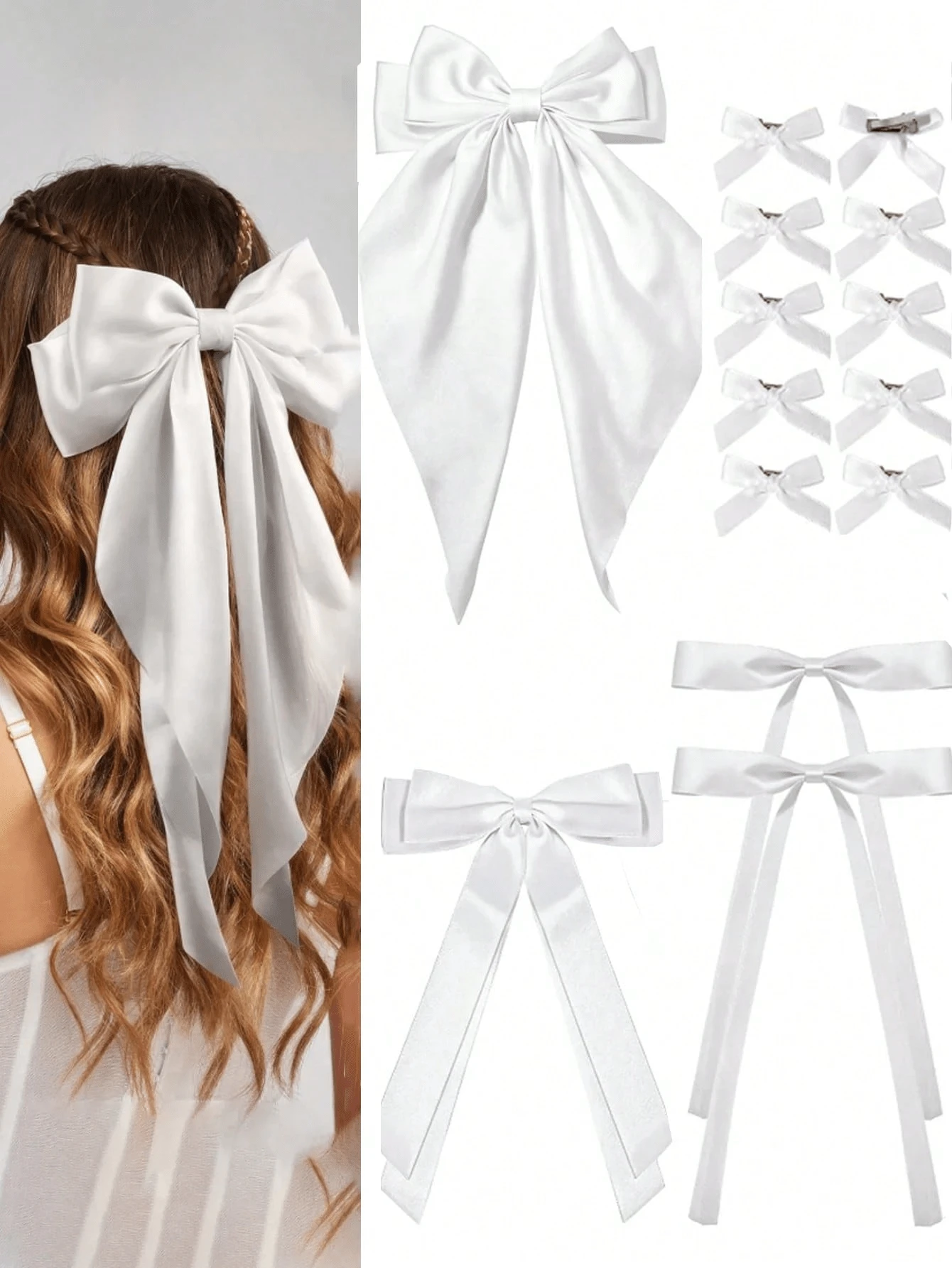14 Pcs White Bow Set, Extra Large Bows, Silky Satin Ribbon Bow Hair ...