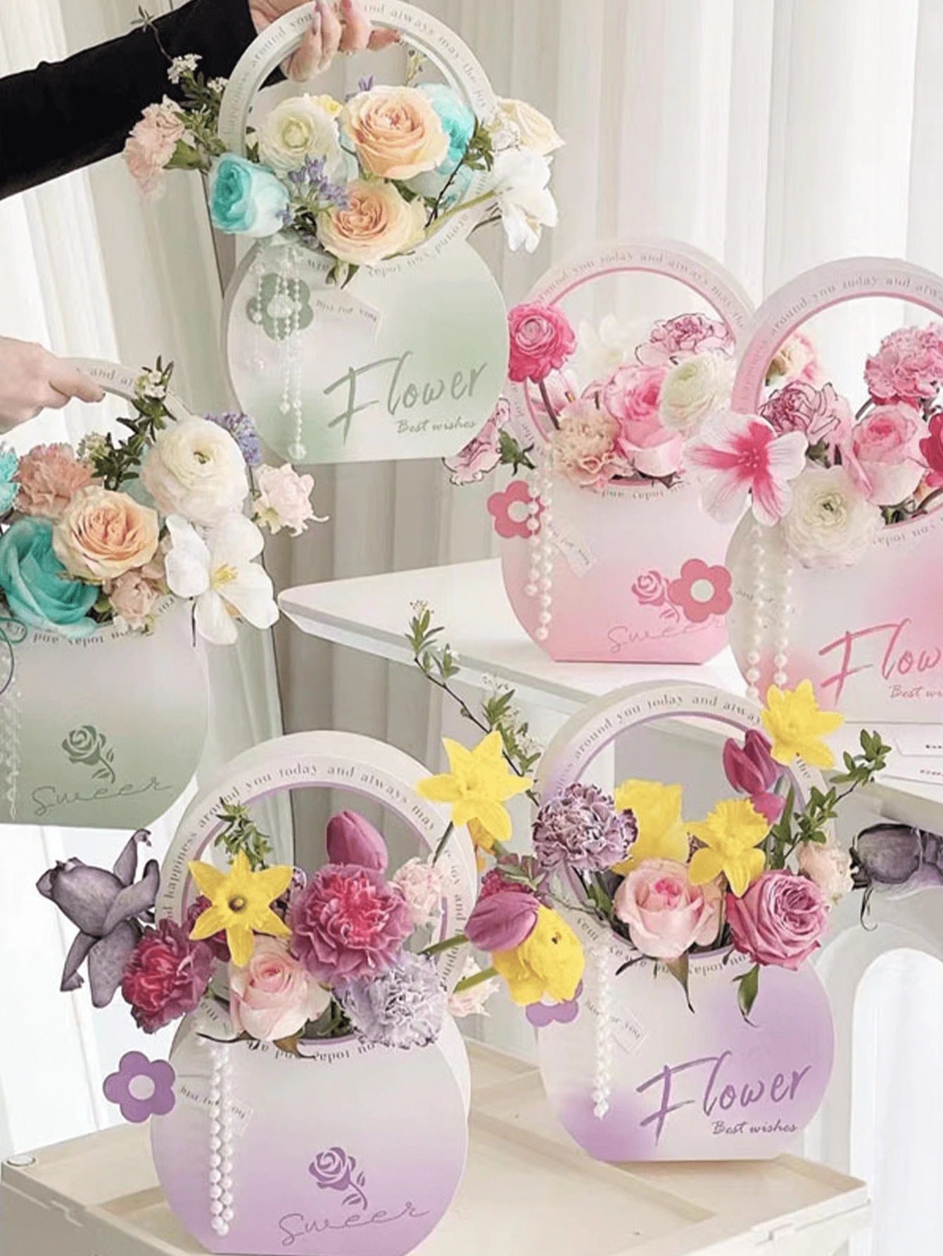 1pc Round Flower Box Packaging, Floral Shop Gift Basket Bag For ...