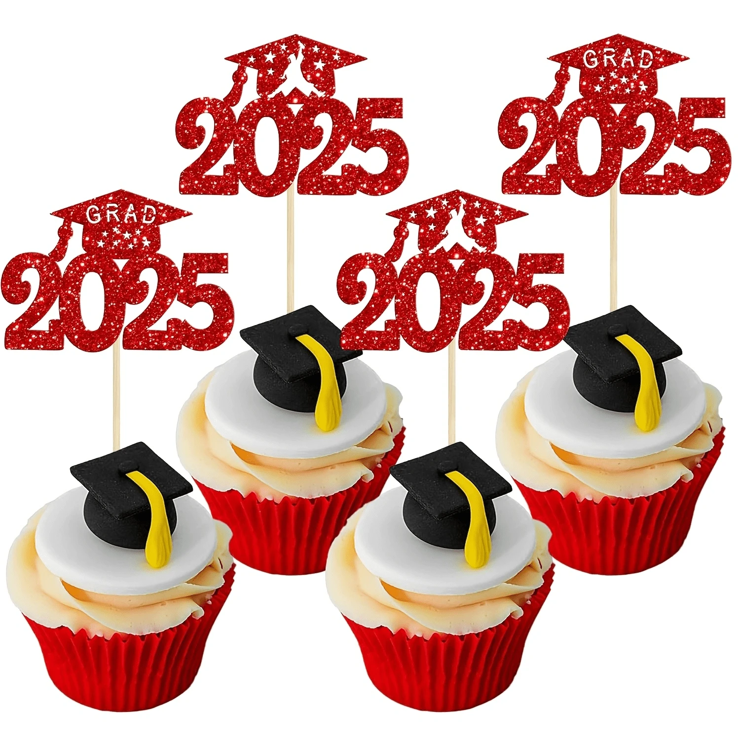 12Pcs Graduation Cupcake Toppers 2025 Red Glitter Class Of 2025 ...