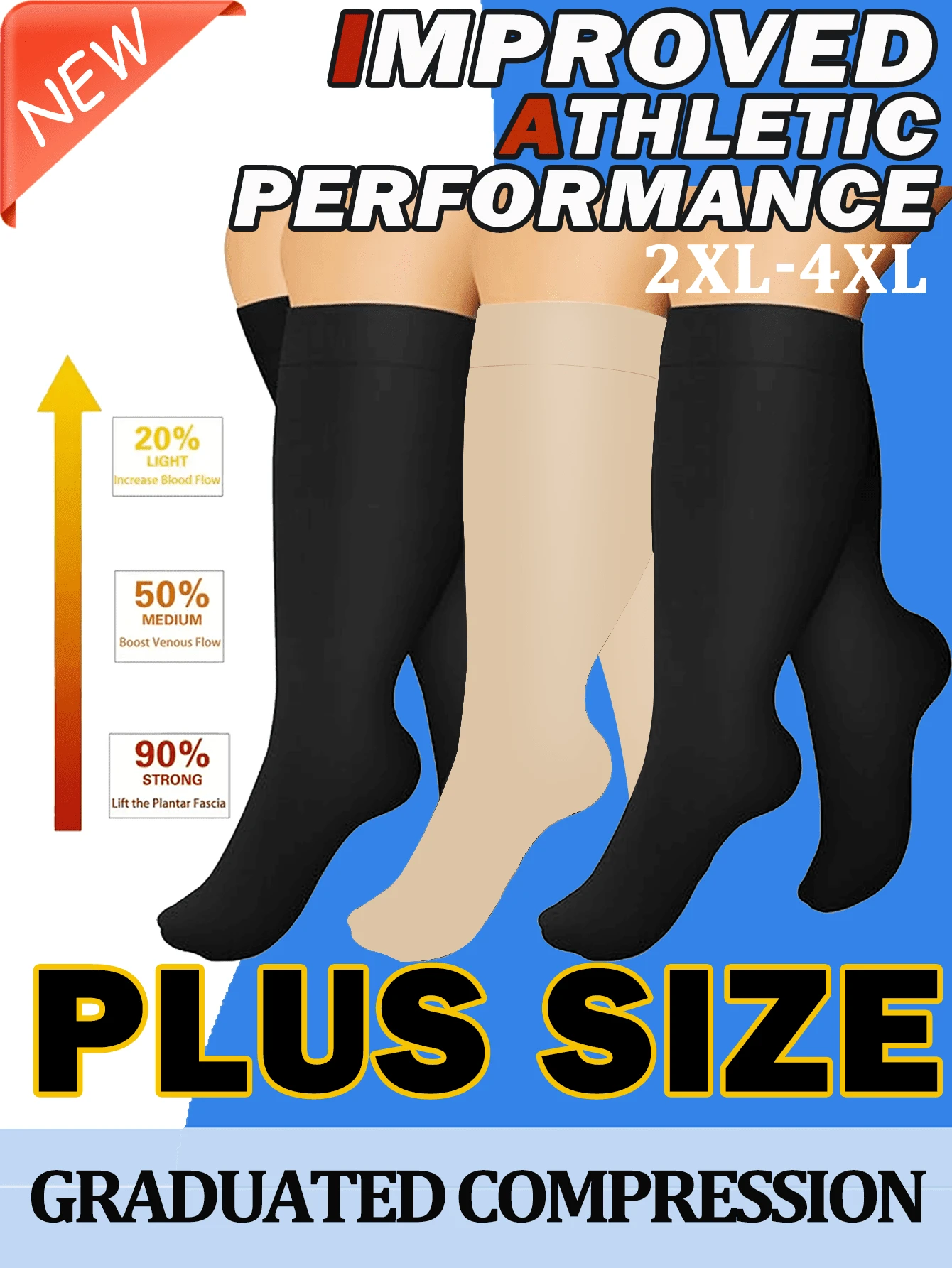 3 Pairs Plus Size Compression Socks Circulation 15-20 Mmhg For Women ...