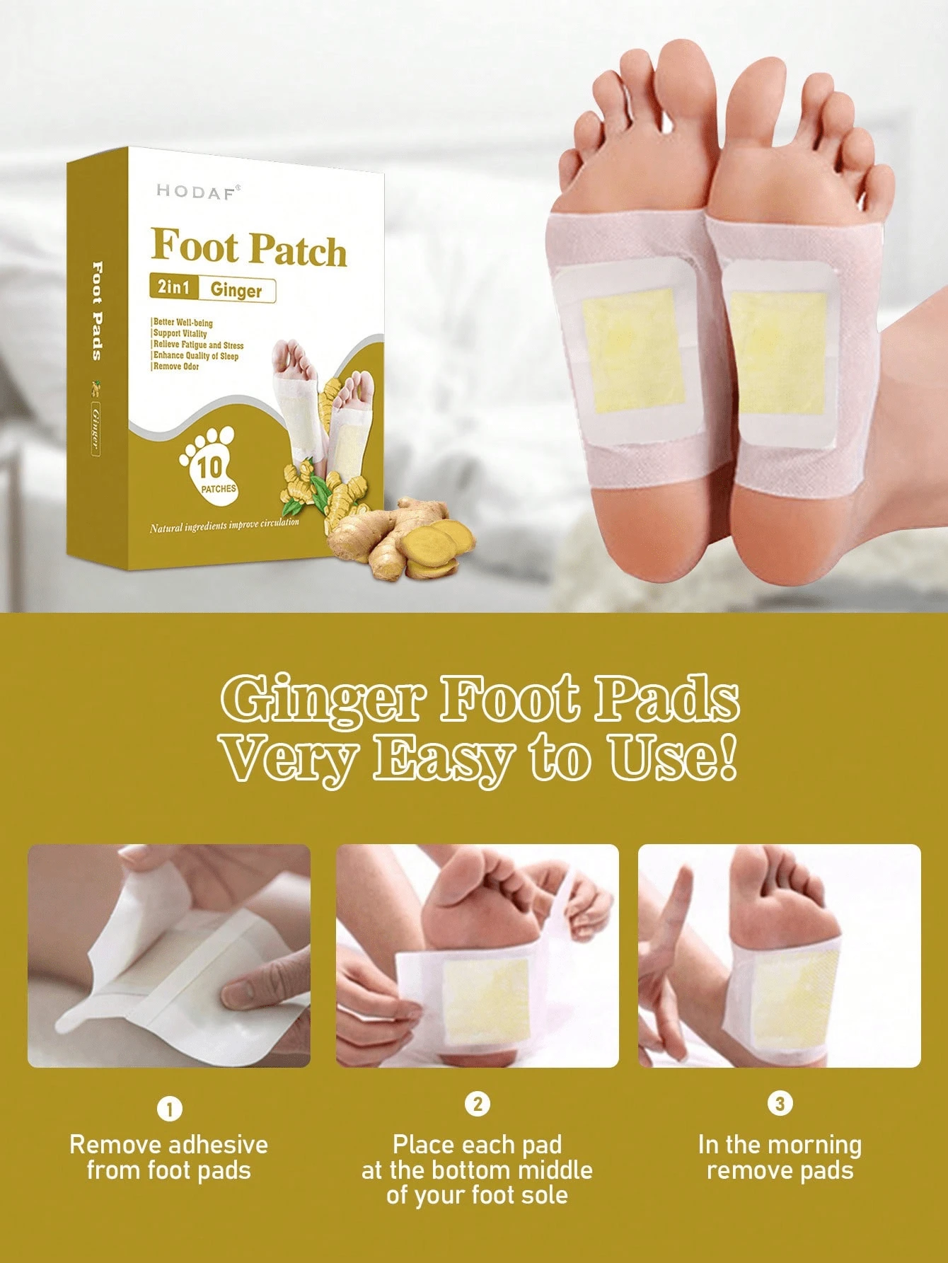10PCS=5pairs 2 IN 1 Ginger Foot Patch Natural Bamboo Deep Cleansing ...