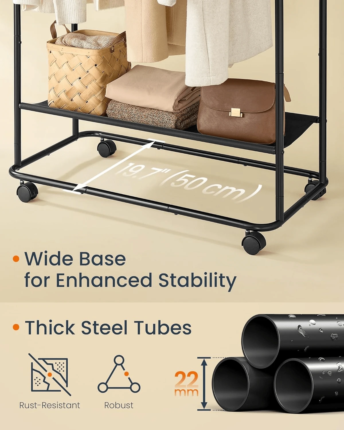 HOME Clothes Rail, Clothes Rack On Wheels, Portable Clothing Rack, With ...