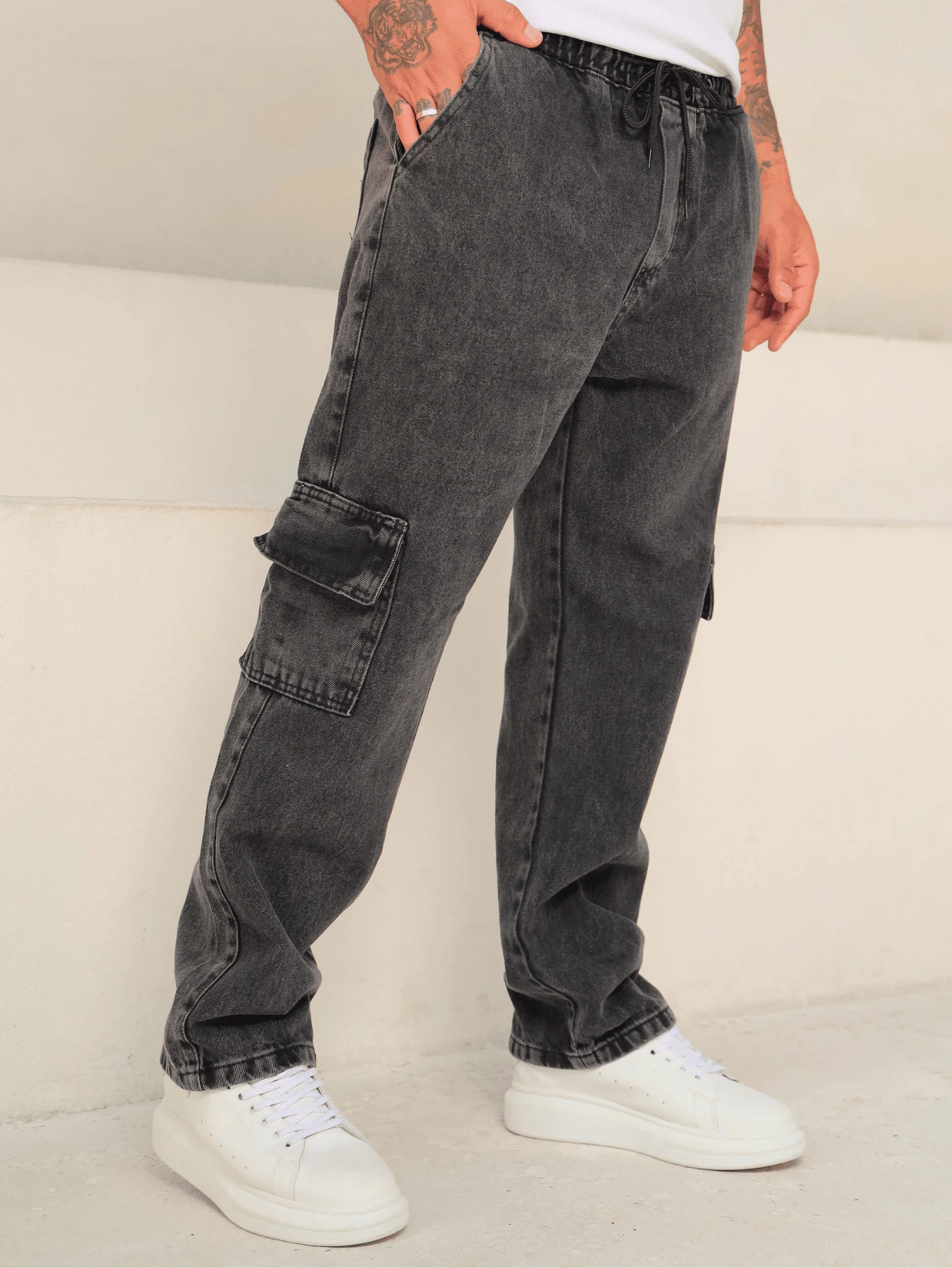 Black Faded Cargo Jeans With Elastic Waist Skater Pants | SHEIN USA
