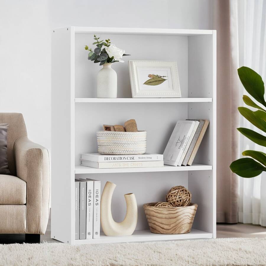 VASAGLE White 3-Tier Open Bookshelf, Adjustable Storage Shelves, Floor ...