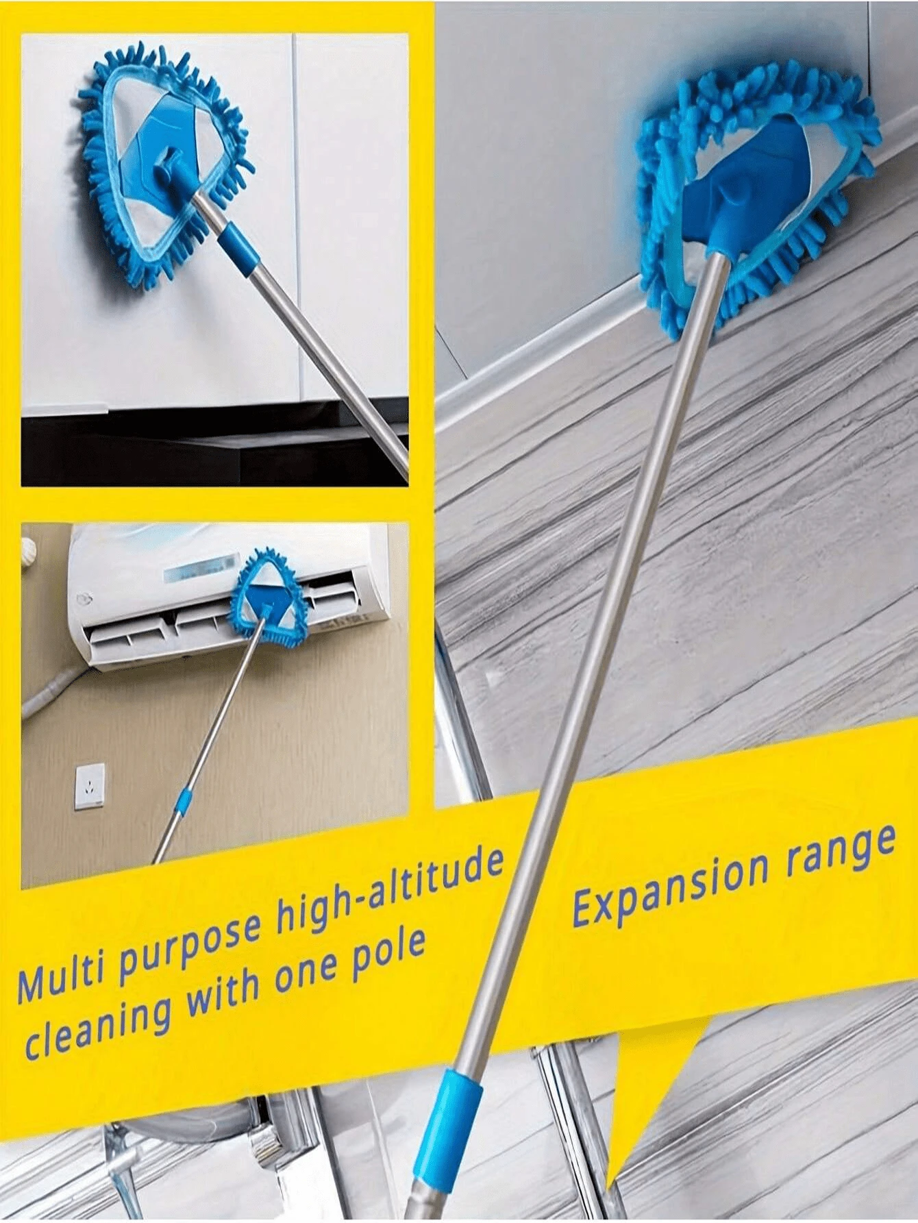 4PCS [1 Pole + 3 Cloths]Telescopic Triangle Cleaning Mop, Ceiling Wall ...
