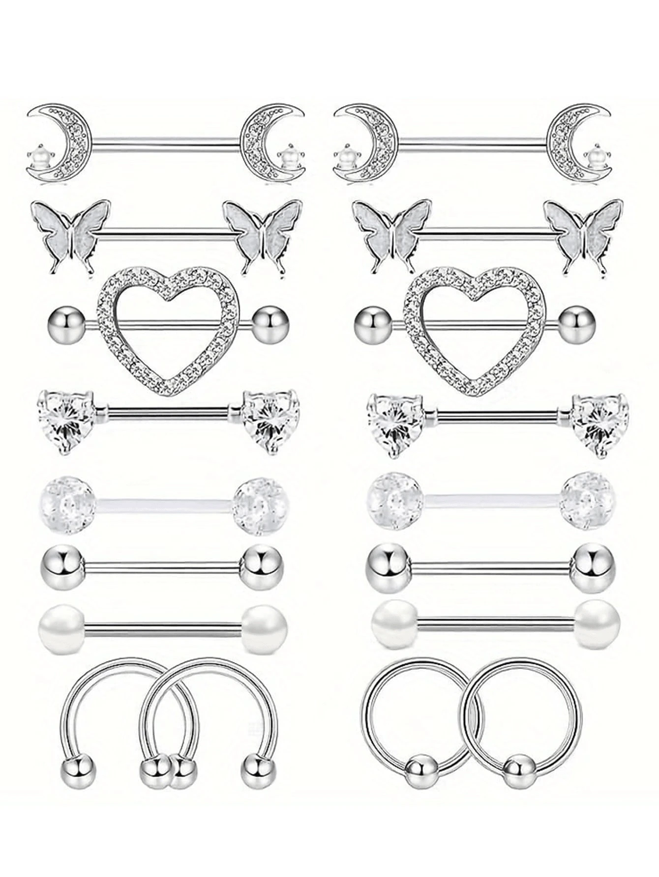 12pcs Stainless Steel Zirconia Bow Nipple Rings, Fashionable Rhinestone ...