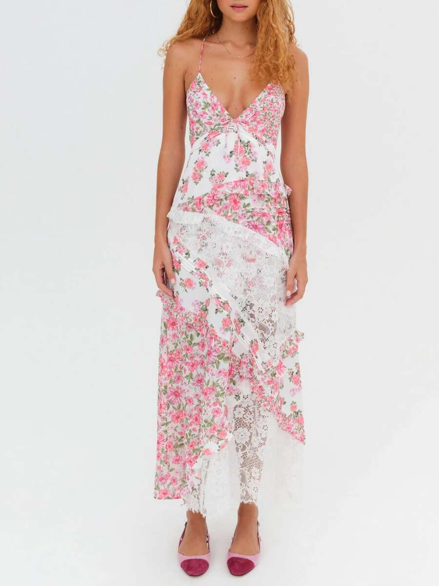 Women Sexy Floral Printed Maxi Dress Sleeveless Lace Patchwork Layered ...