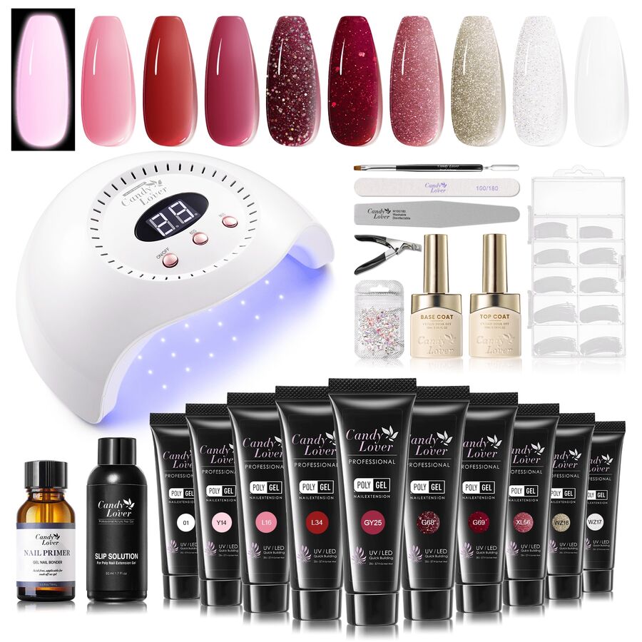 Poly Gel Nail Extension Kit With UV Light - 10 Pink & Red Glitter ...