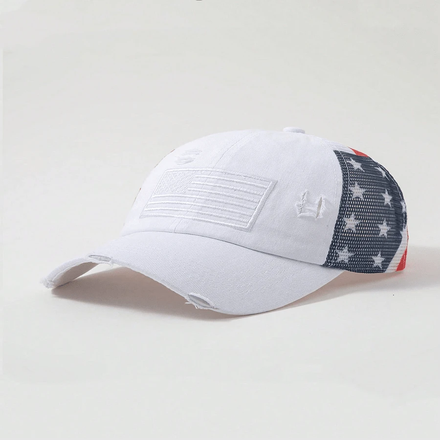 Distressed Five-Pointed Star American Flag Baseball Cap, Messy Bun Hat ...