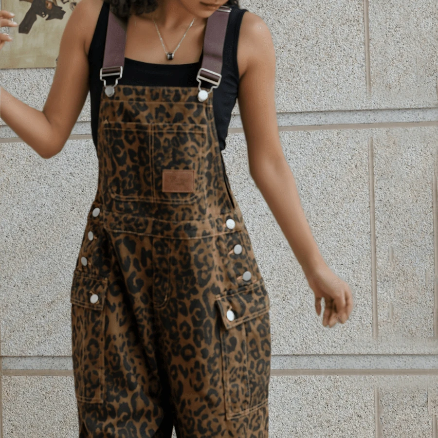 Local Delivery- Women's Retro Leopard Print Denim Overalls With ...