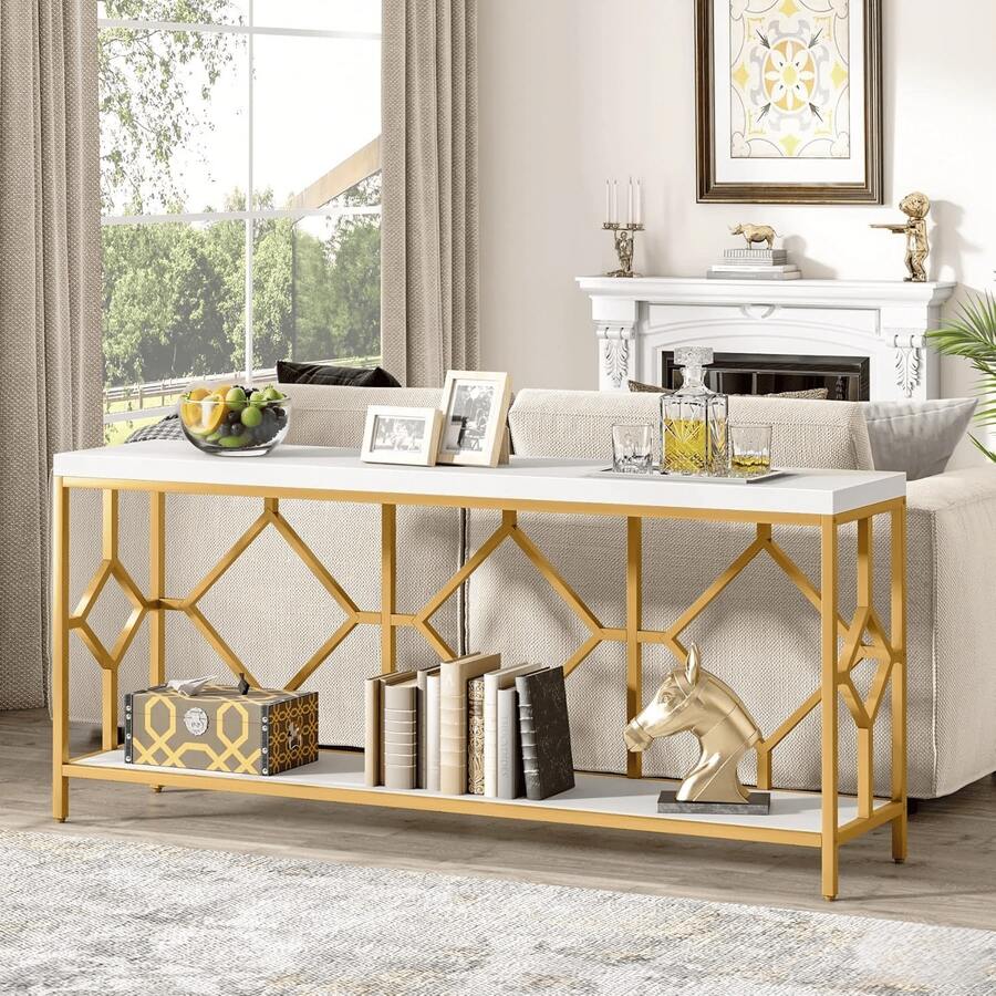 LITTLE TREE 70.86 Inches Extra Long Sofa Table For Entryway, 2-Tier Mid ...