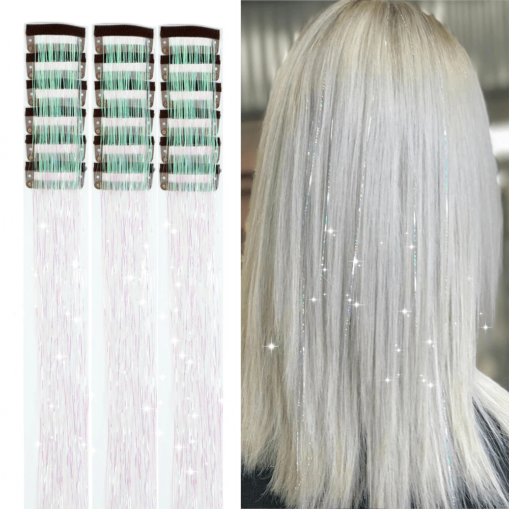 6Pcs Hair Tinsel Clip In 23.6Inch Glitter Tinsel Hair Extensions Clip ...