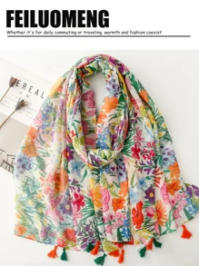 1pc Elegant Floral Print Linen Scarf/Shawl, Versatile Head Wrap, Shawl ...