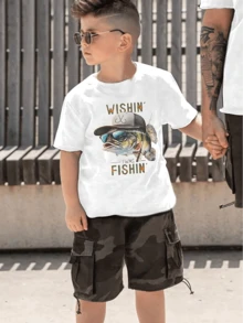 Boys' Fun "WISHIN' I WAS FISHIN'" Tee 1pcs 200g 100% Cotton T - Shirt ...