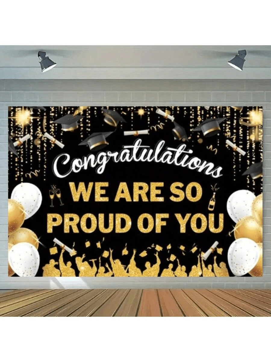 1pc 2D Graduation Photography Backdrop, Black Graduation Cap And Golden ...