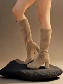 Women's New Solid Color Stretch Boots, Thick 7cm Heel Round Toe Suede ...