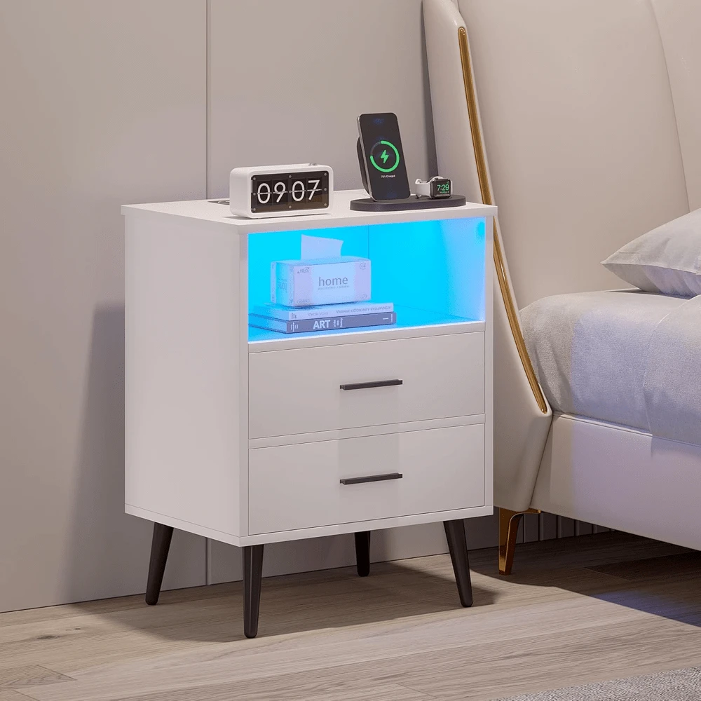 LVSOMT LED Bedside Table With Charging Station, Modern Bed Side Table ...