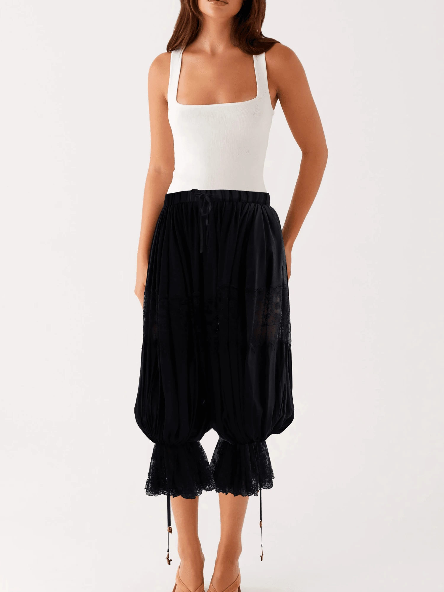 Women Lace Trim Pants Cute Ruffle Hem Capri Long Bloomers Vintage ...
