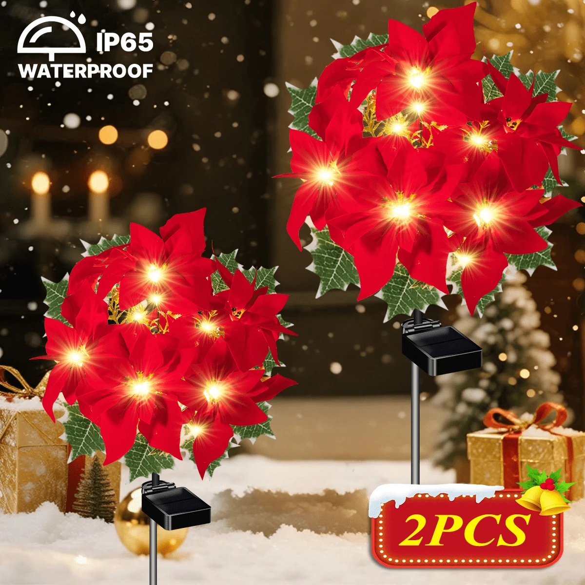 2 Sets Of Christmas Poinsettia Solar Garden Lights, Solar 7-Head ...