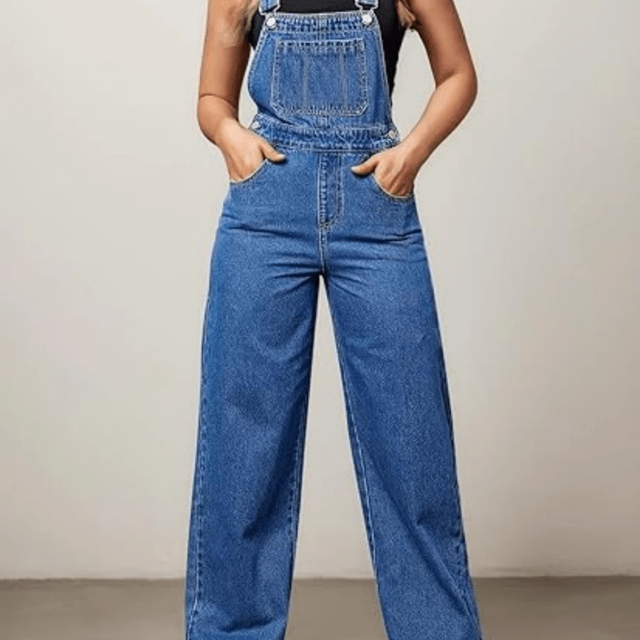 Womens Overalls Denim Straight Wide Leg Jeans Overall Loose Fit Bib ...