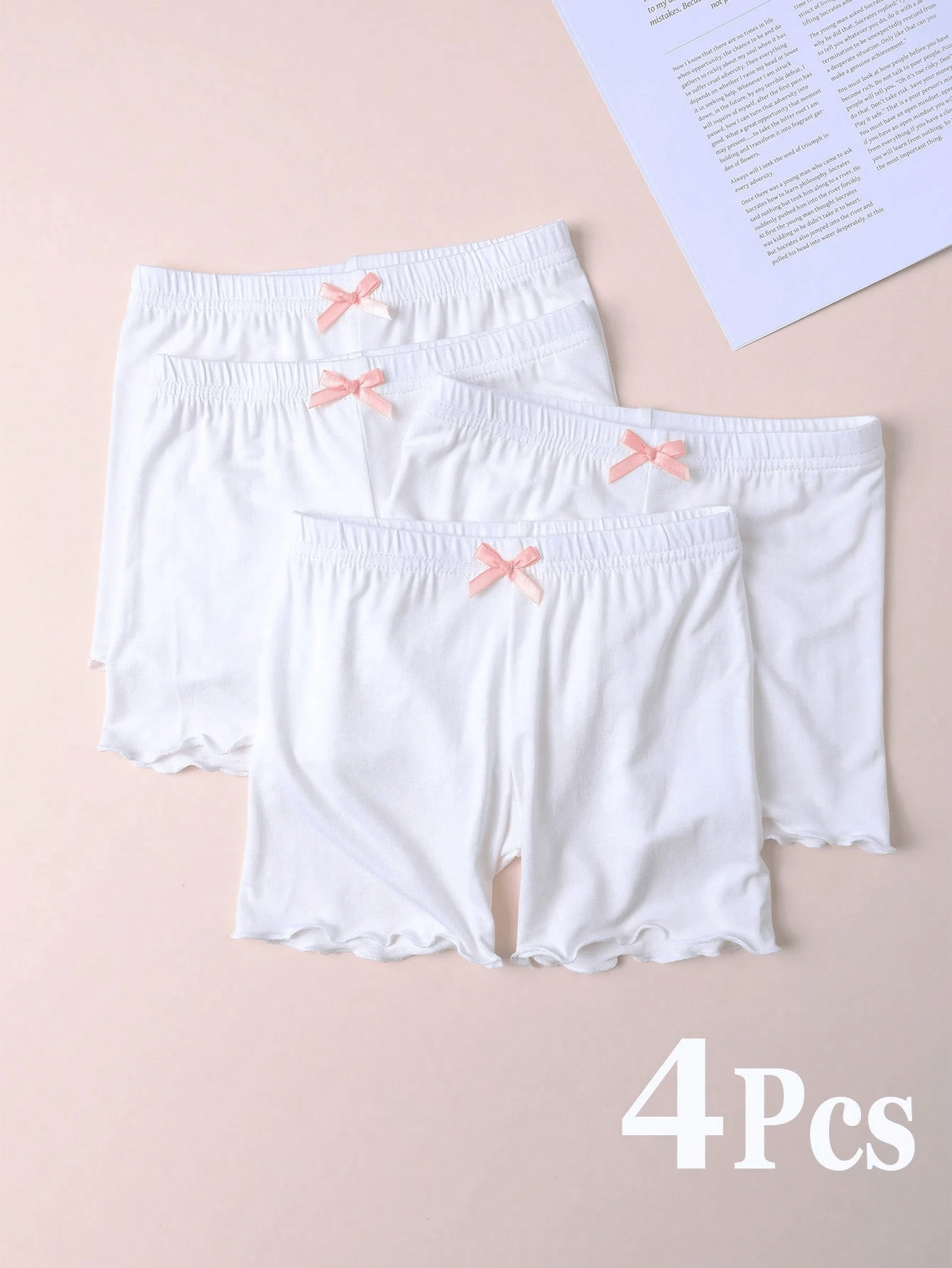 4pcs Girls' Sweet Minimalist Style White Ruffle Hem Safety Shorts ...