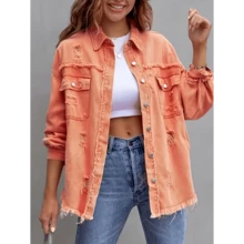 Ripped Fringe Jean Jacket Women Distressed Washed Button Frayed Denim ...