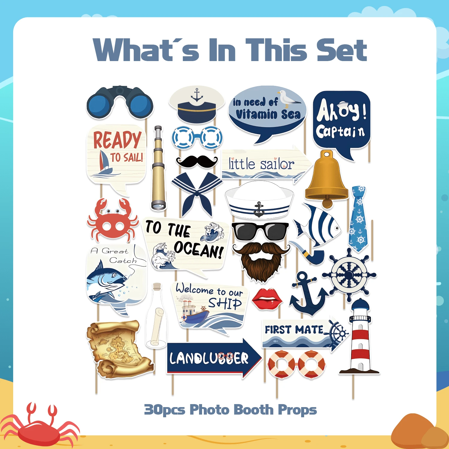 30pcs Nautical Photo Booth Props, Sailor Birthday Party Supplies ...