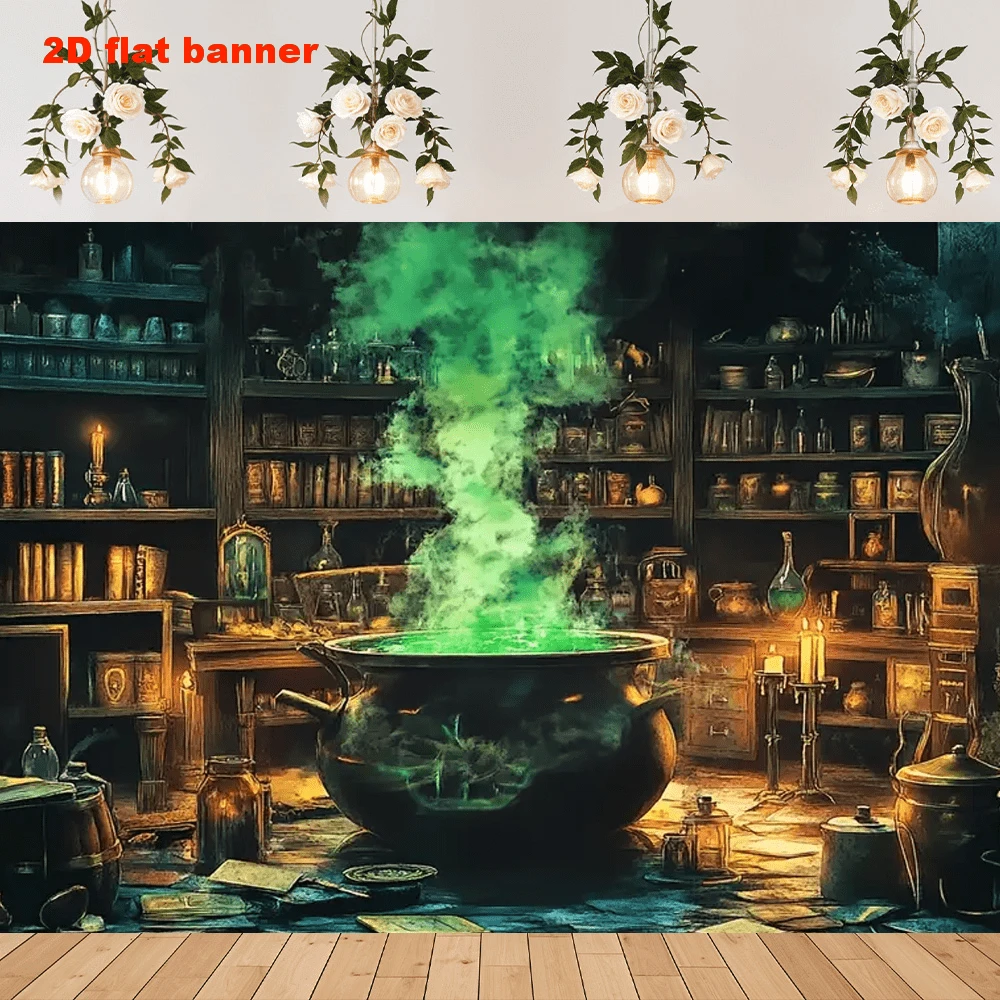 2D Flat Halloween Haunted House Photography Backdrop - Green Poison Vat ...