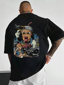 Men's Graphic Tee With Funny Bubble Tea Monster Print, Plane And Crying ...