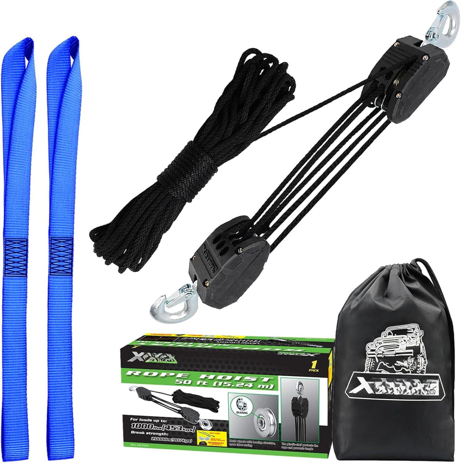 Heavy-Duty 2,000 LB Breaking Strength 50 FT Rope Hoist, Metal Wheels ...