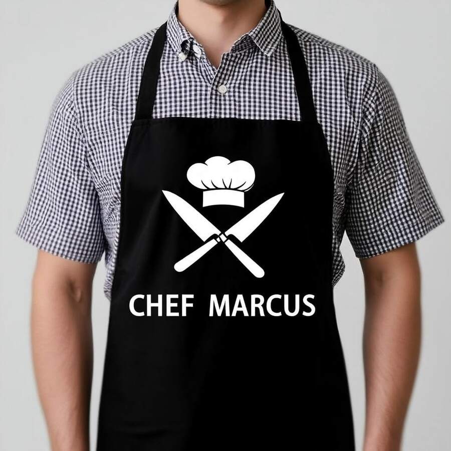 Chef Apron Black With White Chef Hat And Knives Chef Marcus For Kitchen ...