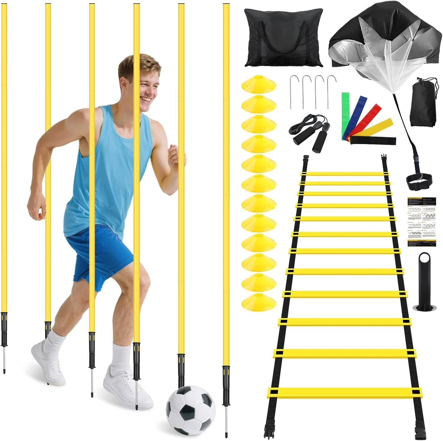 Soccer Agility Equipment, 6 Agility Poles, 20ft Speed Ladder, 12 Disc Cones, Resistance ...