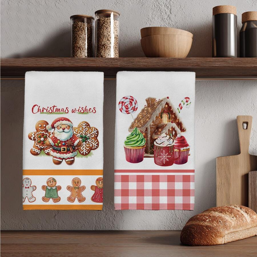 2pcs Christmas Pink Gingerbread Pattern Kitchen Towels, Cartoon Cute ...