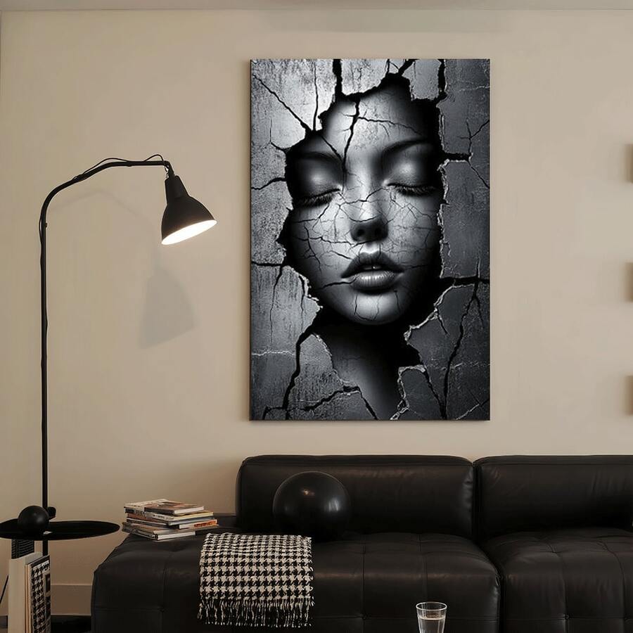 Framed 1pc Modern Black & White Cracked Wall Woman Face Wall Art ...