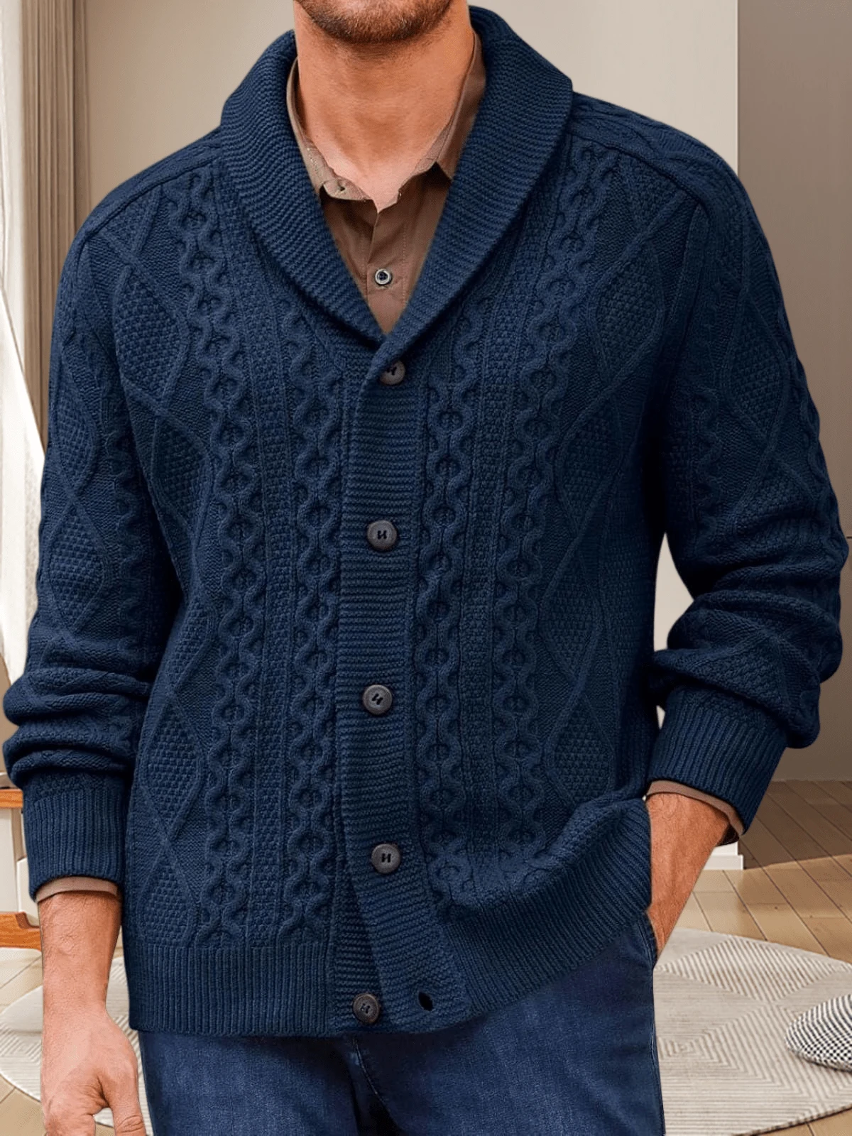 Men's Chunky Cable Knit Shawl Collar Cardigan Button-Down Design ...