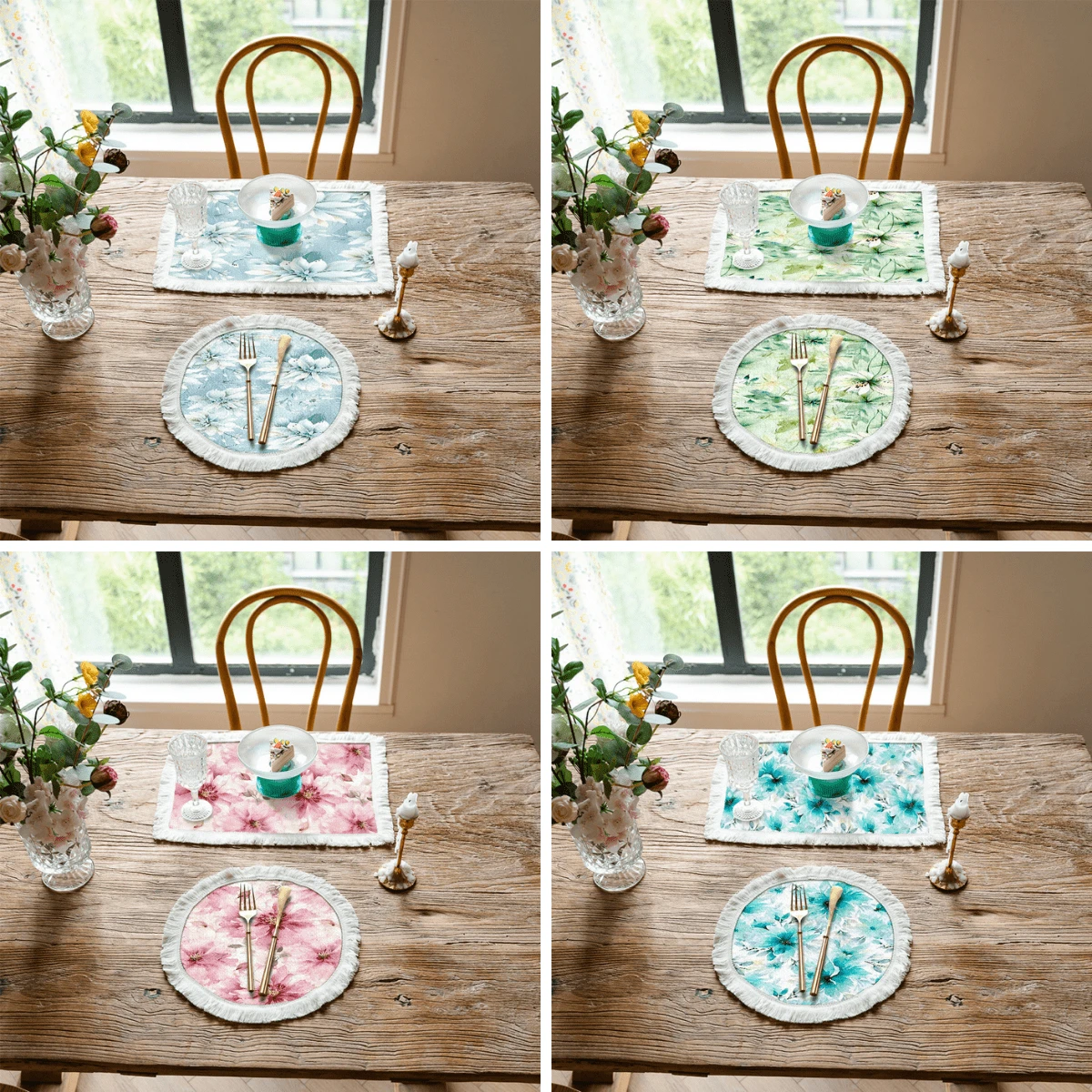 1pc Watercolor Floral Pattern Linen Tassel Placemat, Washable Dining ...