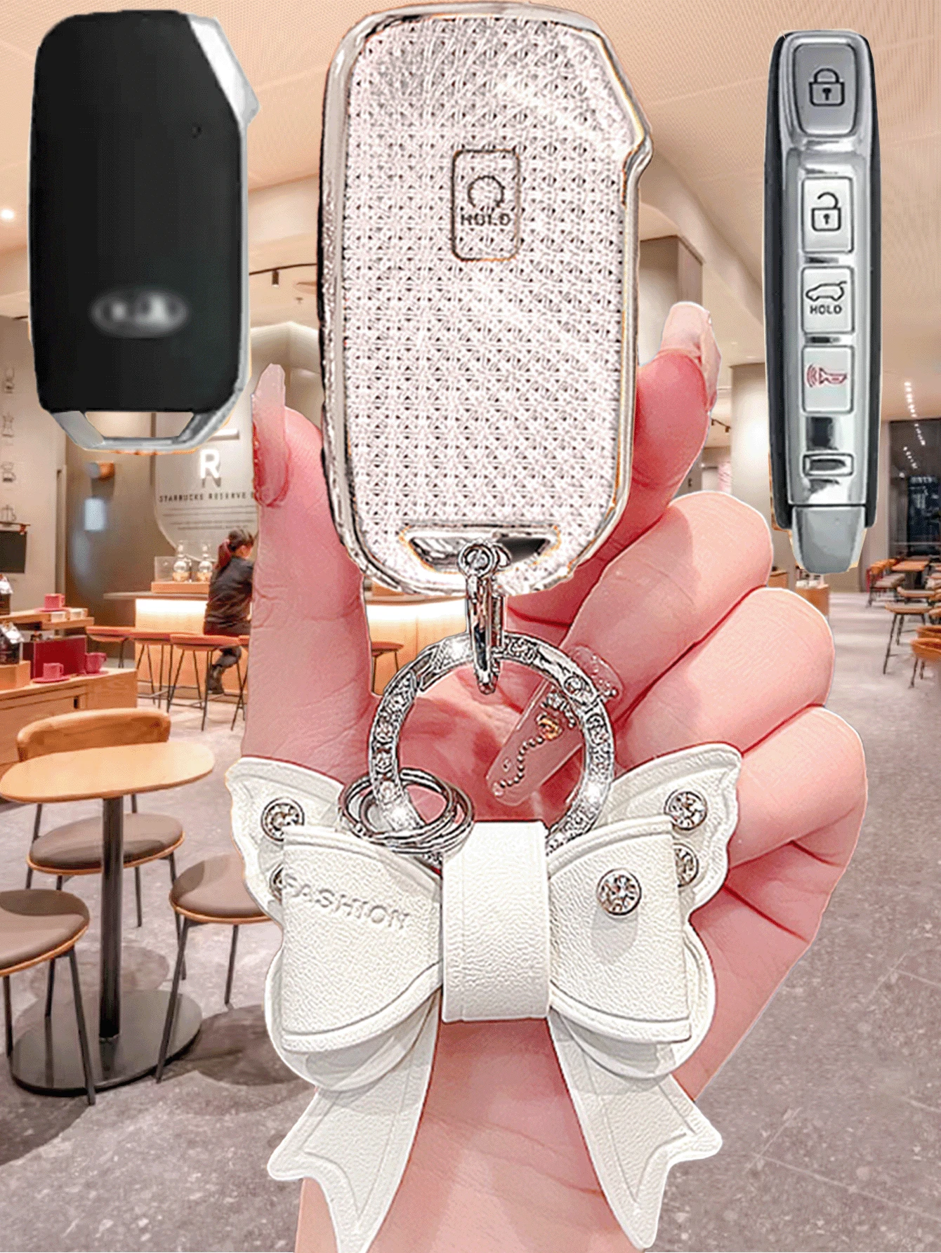 5-Button Car Key Fob Cover Case With Rhinestone Bow Keychain For Kia ...