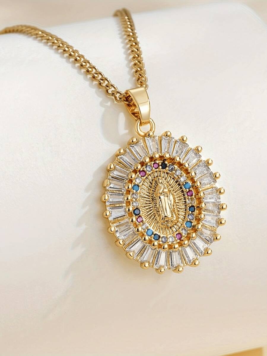 1pc Gold Stainless Steel Chain Necklace, Oval Shaped Rhinestone Decor, Unisex Couple Design ...