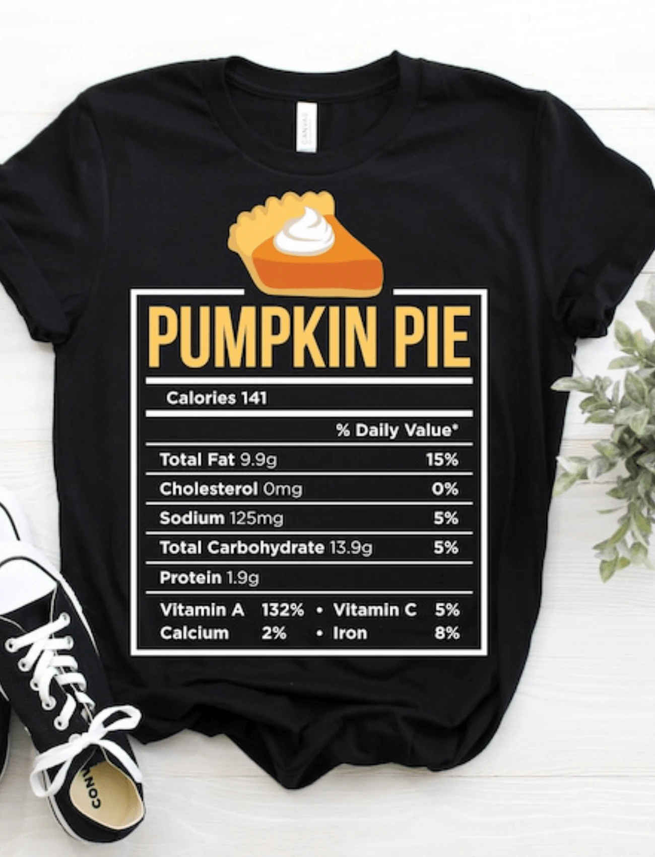 Fall Theme Pumpkin Pie Nutrition Label Graphic Print Crew Neck T-Shirt ...