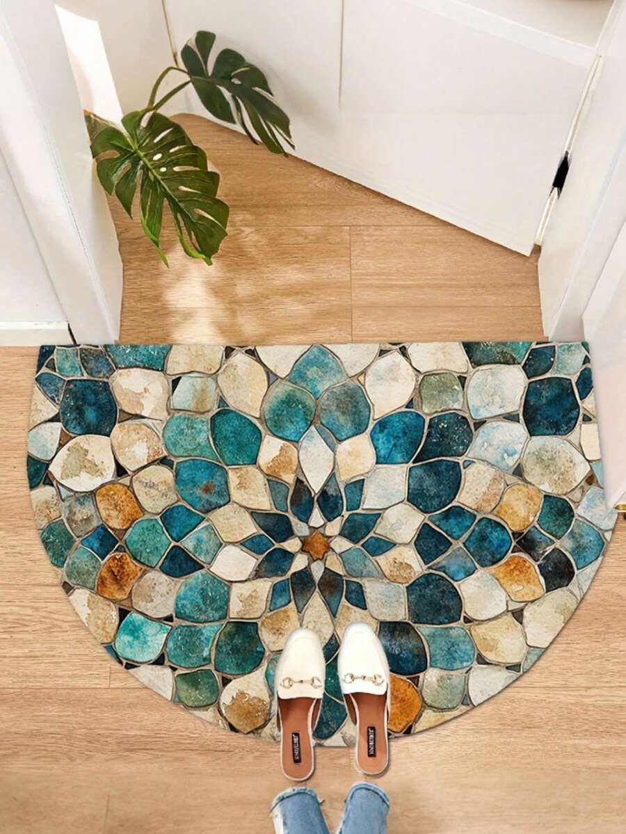 1pc Bohemian Asymmetrical Geometric Pattern Half-Round Entryway Doormat ...