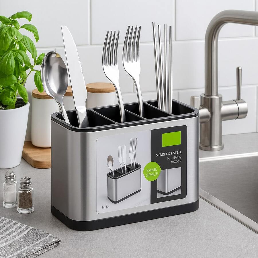 Stainless Steel Kitchen Utensil Holder With Removable Dividers And Non ...
