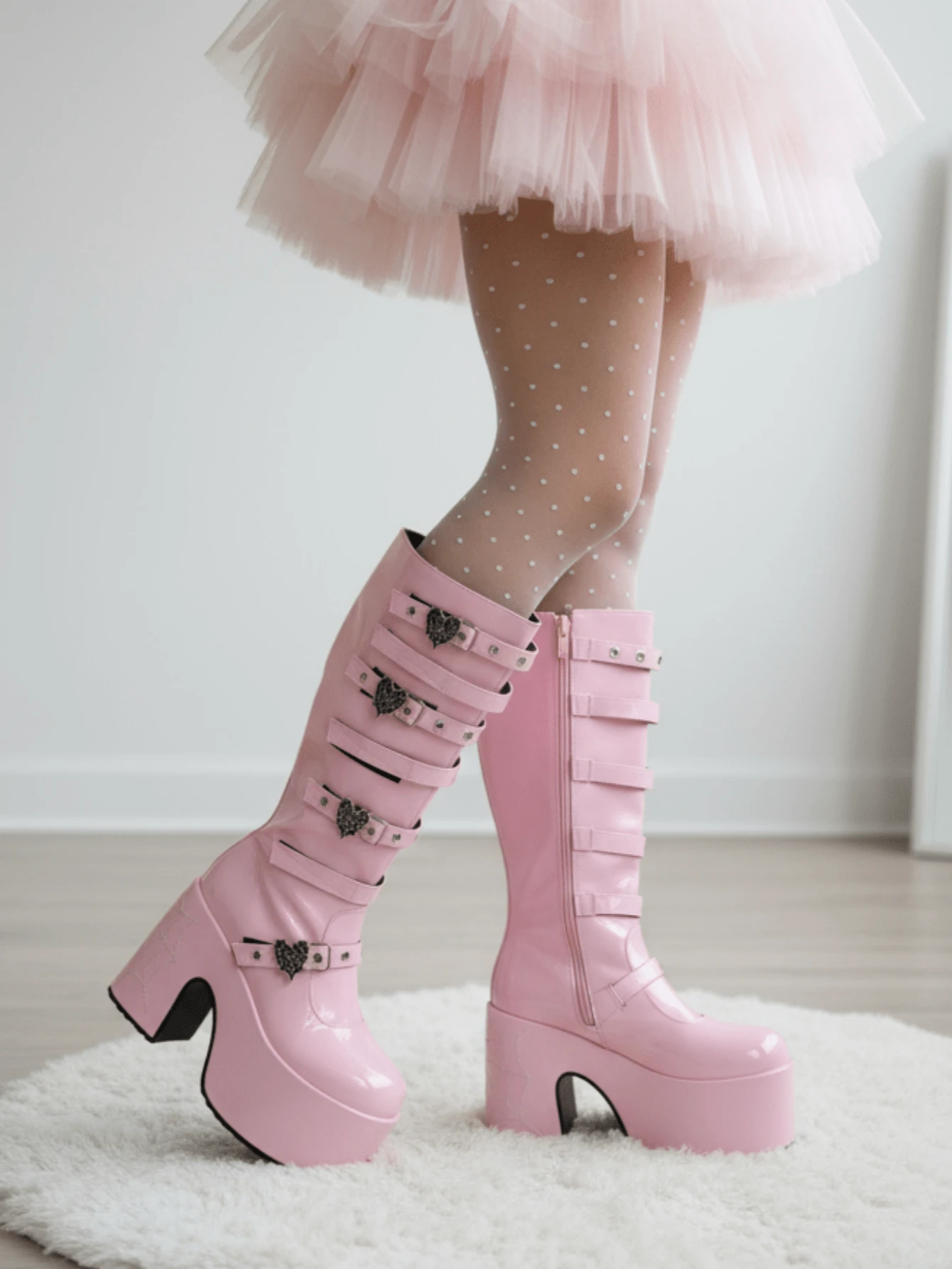 Y2k Style Women's Knee High Boot Solid Color Buckle Round Toe Punk ...