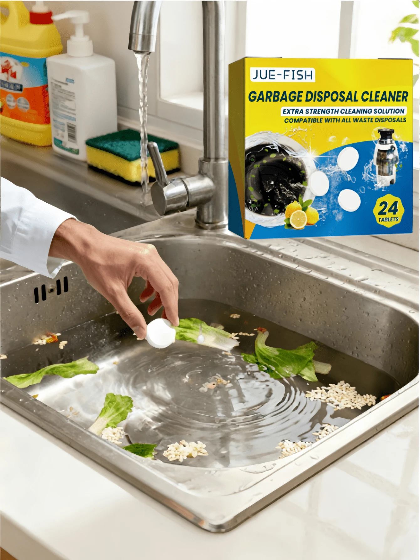 Jue-Fish 24pcs Sink Cleaning Tablets, Kitchen Dishwasher Cleaner For Stains, Grease, Drain ...