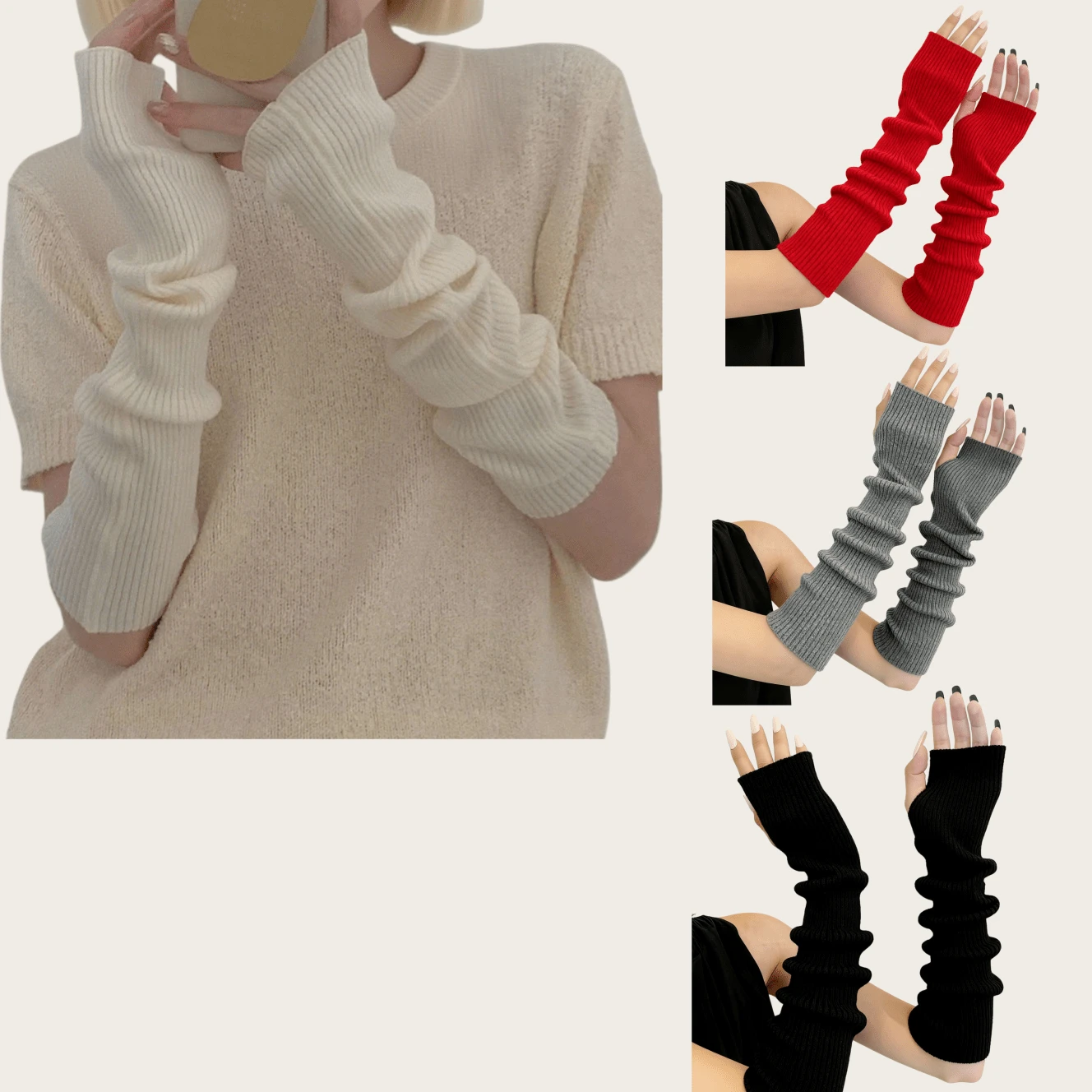 Women's Solid Color Winter Warm Knitted Wool Thin Half-Sleeve Arm ...