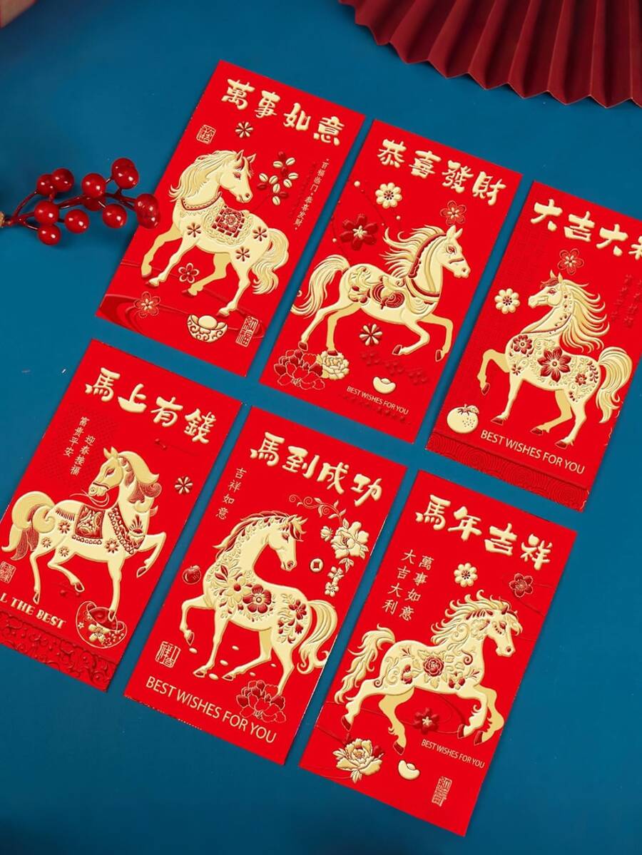 6 Stück Chinesische Neujahrsenvelopes Pferd 2026, Jahr des Pferdes rote ...