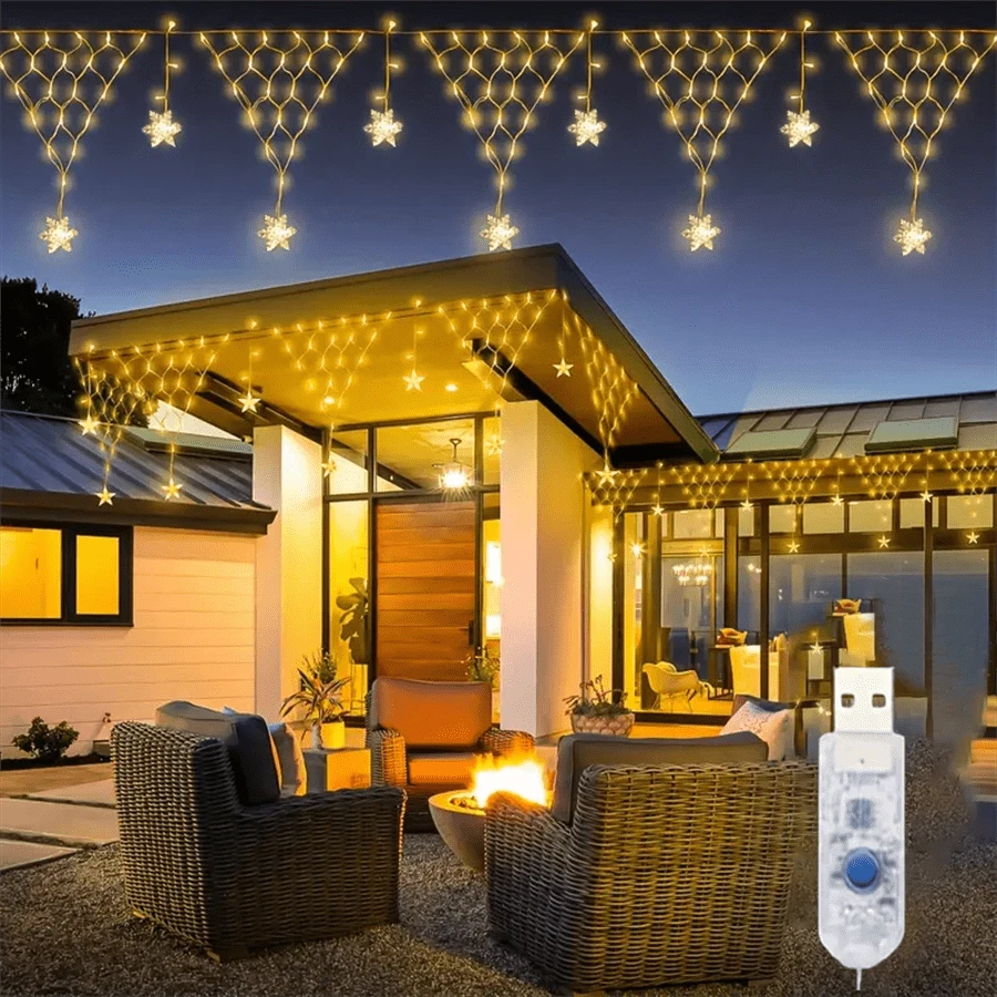 1pc Triangular USB Snowflake String Light, Outdoor/Indoor LED Snowflake ...