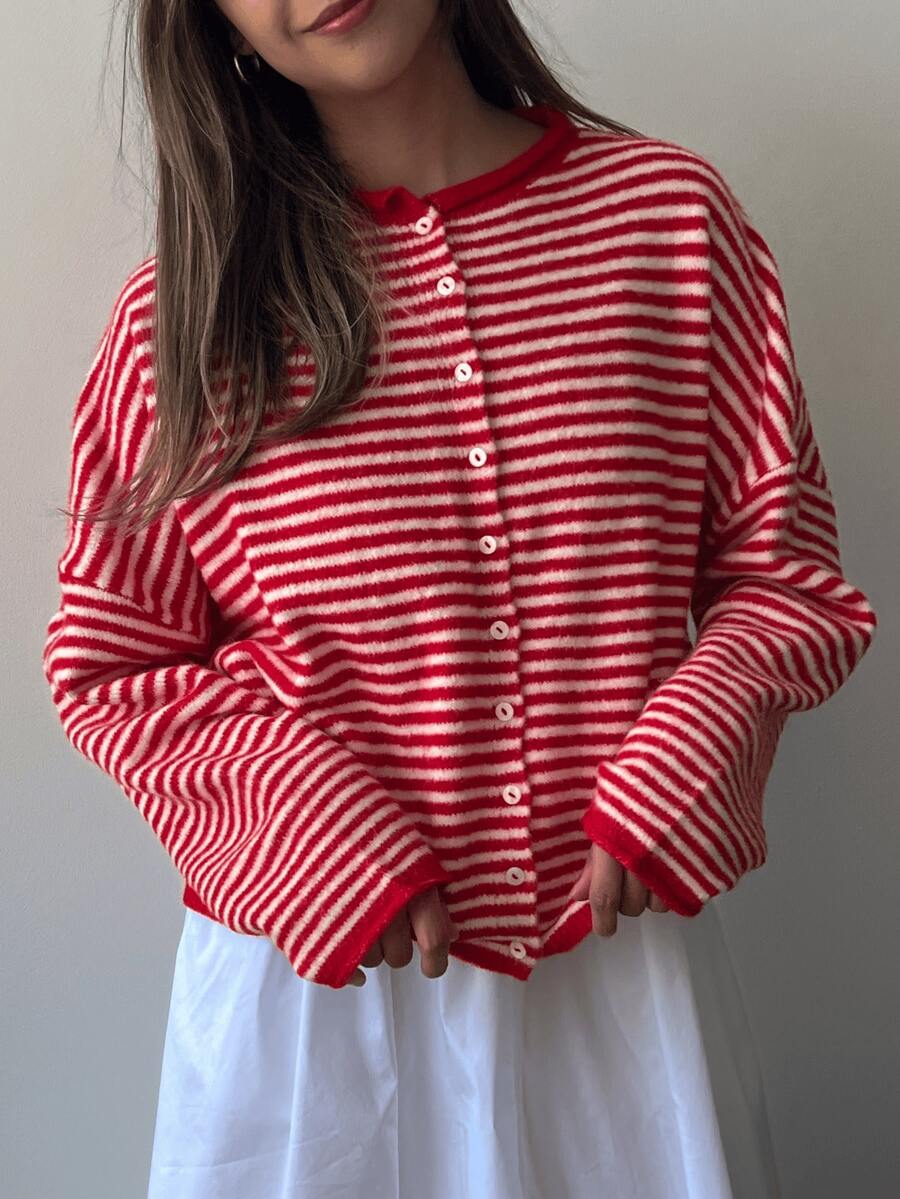 Suéter de mujer con estampado de rayas, cuello redondo, holgado, de ...