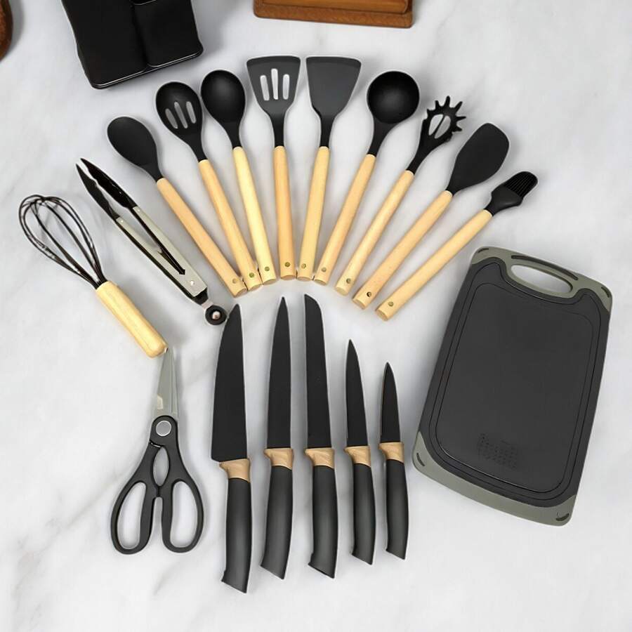 Spot 19-Piece Simple Kitchenware Combination Set Silicone Kitchenware Wooden Handle Shovel Spoon ...